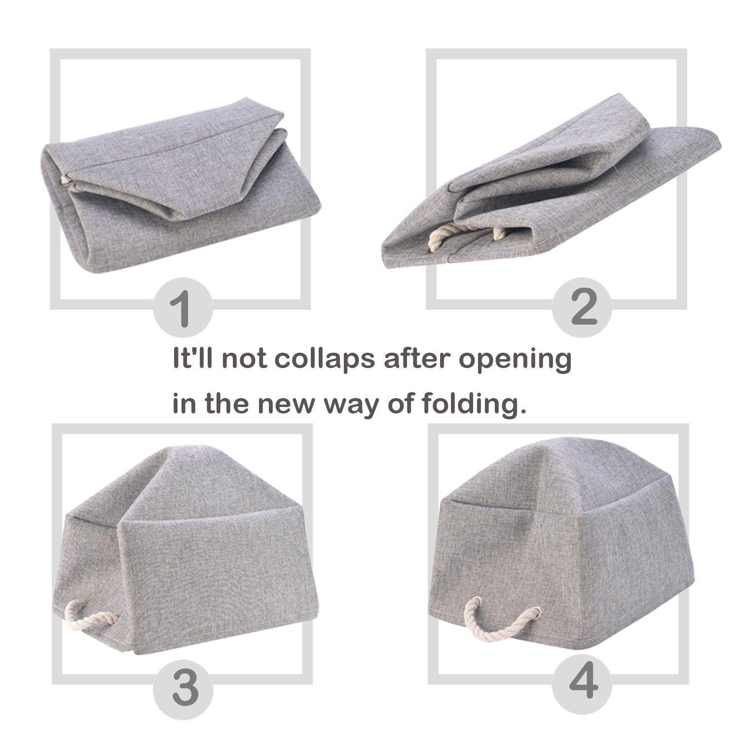 Collapsible Storage Basket Bins, Decorative Foldable Rectangular Linen Fabric Storage Box Cubes Containers with Handles- Large Organizer For Nursery Toys,Kids Room,Towels,Clothes, Grey 16Lx12Wx7.9H