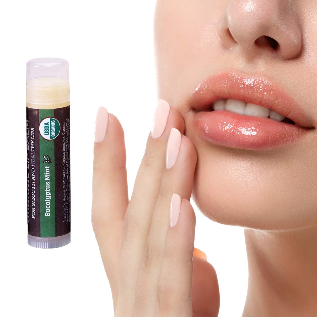 USDA Organic Lip Balm 4-Pack by Earth's Daughter- Eucalyptus Mint Flavor, Beeswax, Coconut Oil, Vitamin E - Best Lip Repair Chapstick for Dry Cracked Lips.