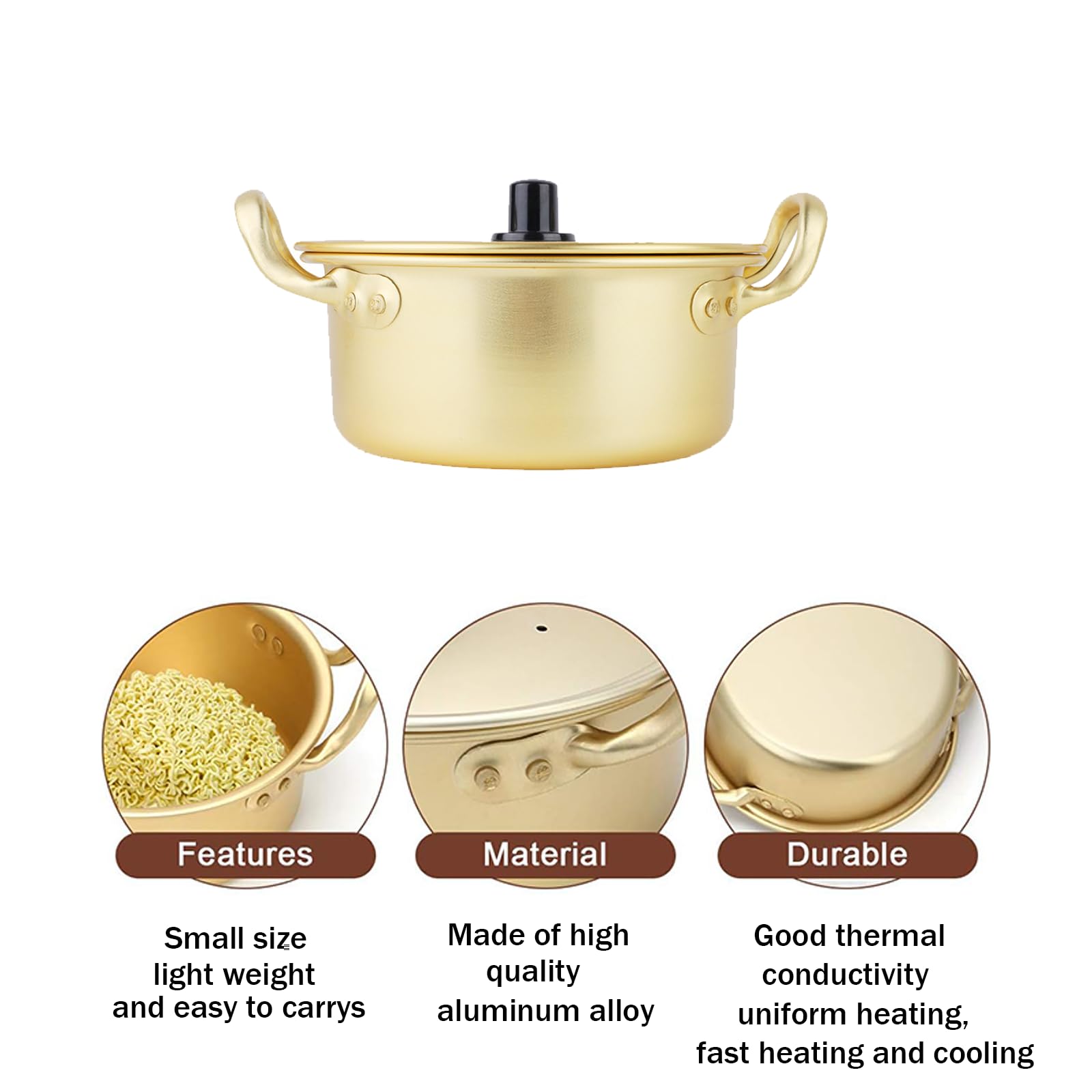 Korean Ramen Noodle Pot, Ramen Noodle Pot Yellow Aluminum Non Stick Korean Traditional Quick Cooking Pot Quick Noodle Pot Can Be Heated by Open Fire and Electric Ceramic Stove(16cm Pot)