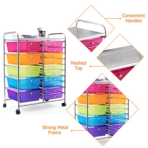 HAPPYGRILL 15 Drawer Storage Drawer Cart Organizer Cart Tools Office School Utility Cart Paper Organizer Rolling Storage Cart with Wheels