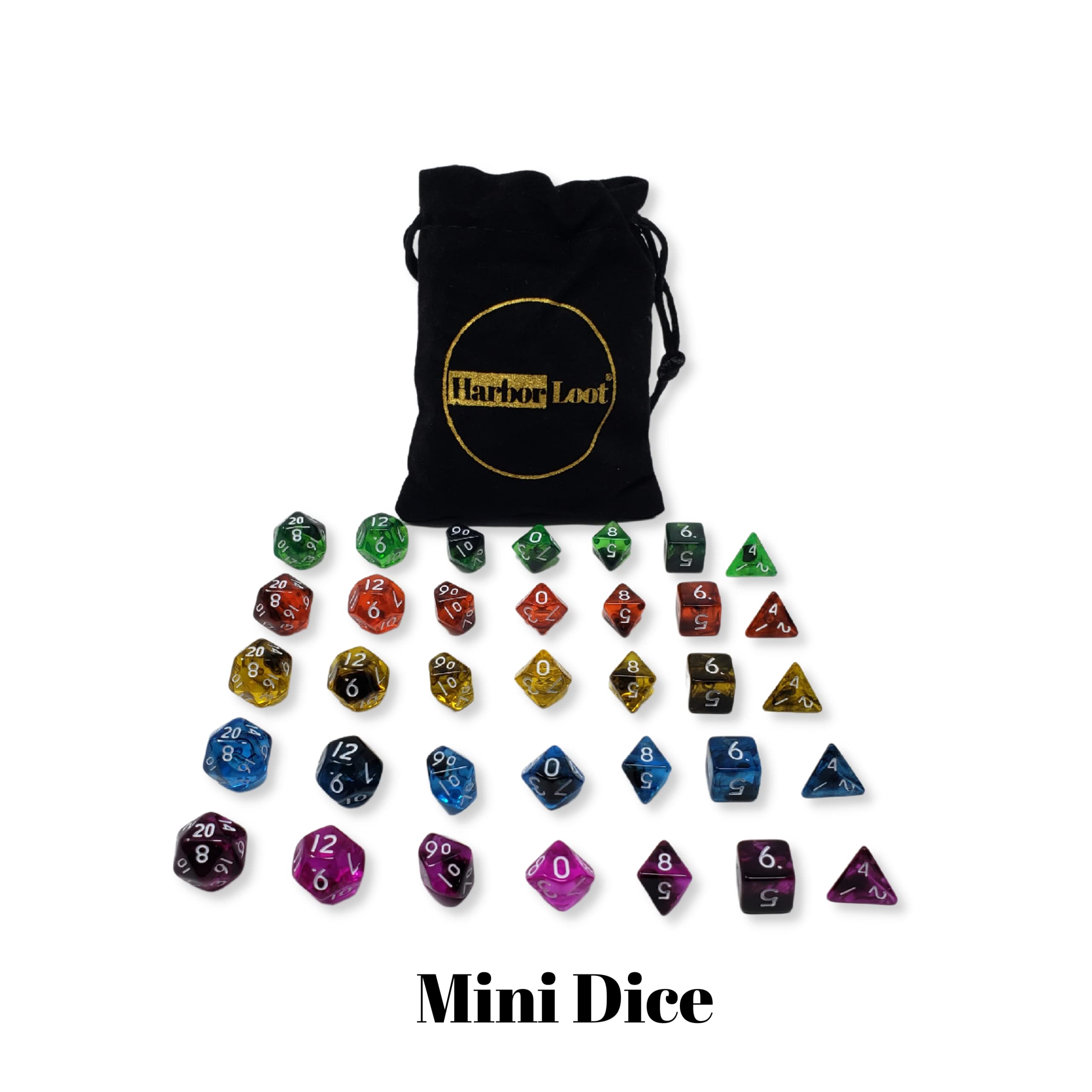 35 Piece Tiny Sized Miniauture Dice Includes 5 RPG Dice Sets in Red, Green, Yellow, Purple and Blue. 7-pc Polyhedral Dice Sets Include D20 dice, D12 dice, 2D10 dice, D8 dice, D6 dice & D4 dice