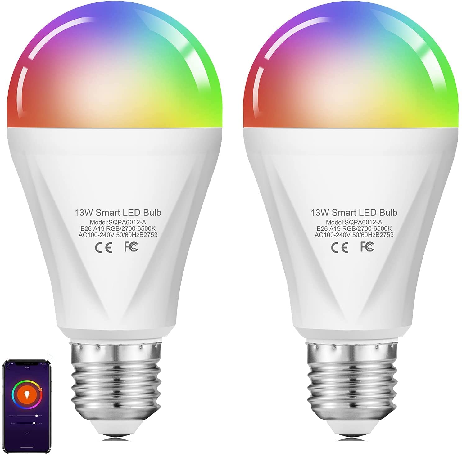 2Pack 13W Smart Light Bulb(120W Equivalent)Wixann A19 E26 1300Lumens LED Color Changing Light Bulbs, adjustable 16 Million DIY Colors and Music Sync 2700K-6500K WiFi Bulbs Work with Alexa, Google Home