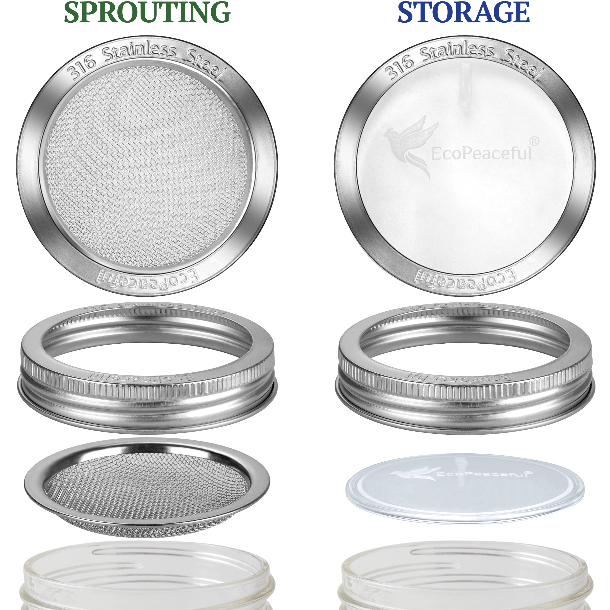 4 Pack (4 Rings, 4 Screens, 4 Inserts) Mason Jar Sprouting Lids - 316 Surgical Stainless Steel Sprouting Lids for Wide Mouth Mason Jars- Curved Strainer Lids, Silicone Inserts - Rust-Proof, BPA-free