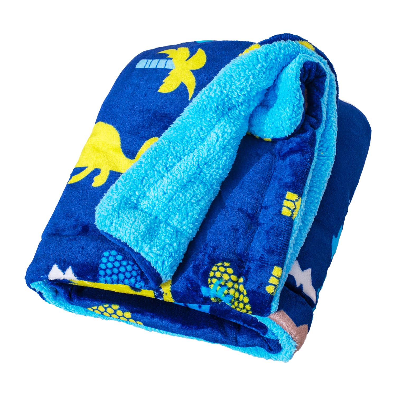 Golden Linens Baby Infants Printed Sherpa Borrego Ultra Soft Warm Throw Blanket Bed Cover 40" X 50" Navy Blue Dinosaur