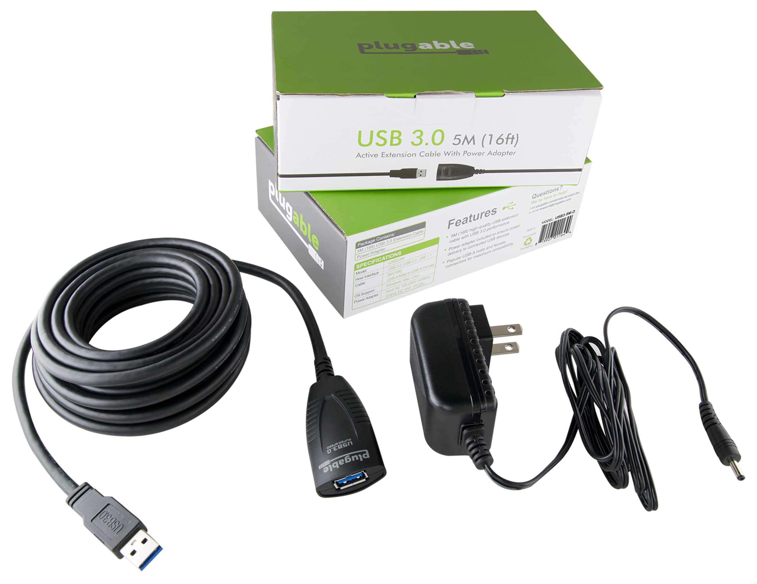Plugable 5 Meter (16 Foot) USB 3.0 Active Extension Cable with AC Power Adapter, Back-Voltage Protection and Driverless Technology