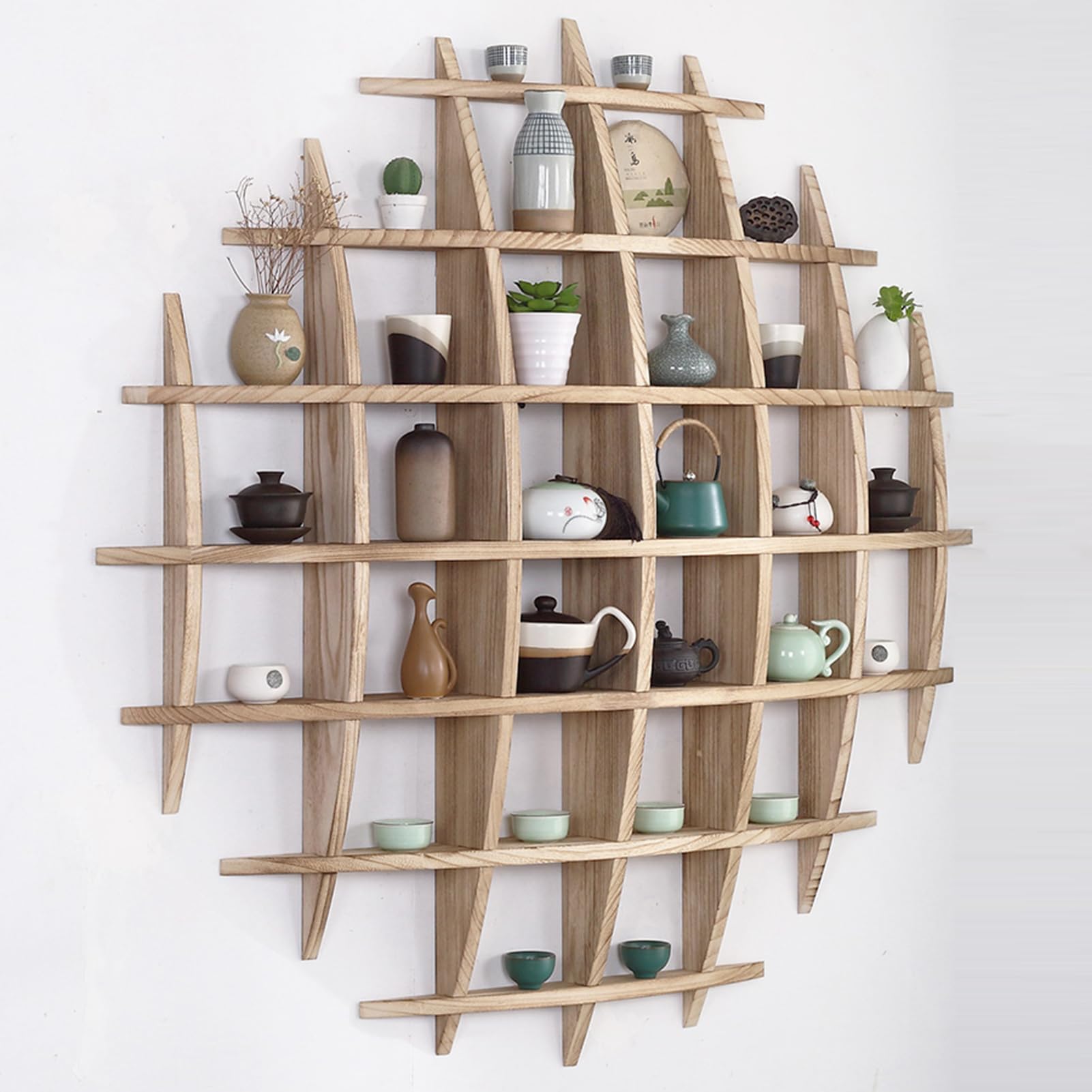 XIMSPHY Solid Wood Chinese Tea Cup Holder, Wall Mounted Teapot Display Stand, Wall Decoration Teaware Shelf Storage Rack for Living Room Kitchen Office Commercial (Carbonization Color, 39x39'')
