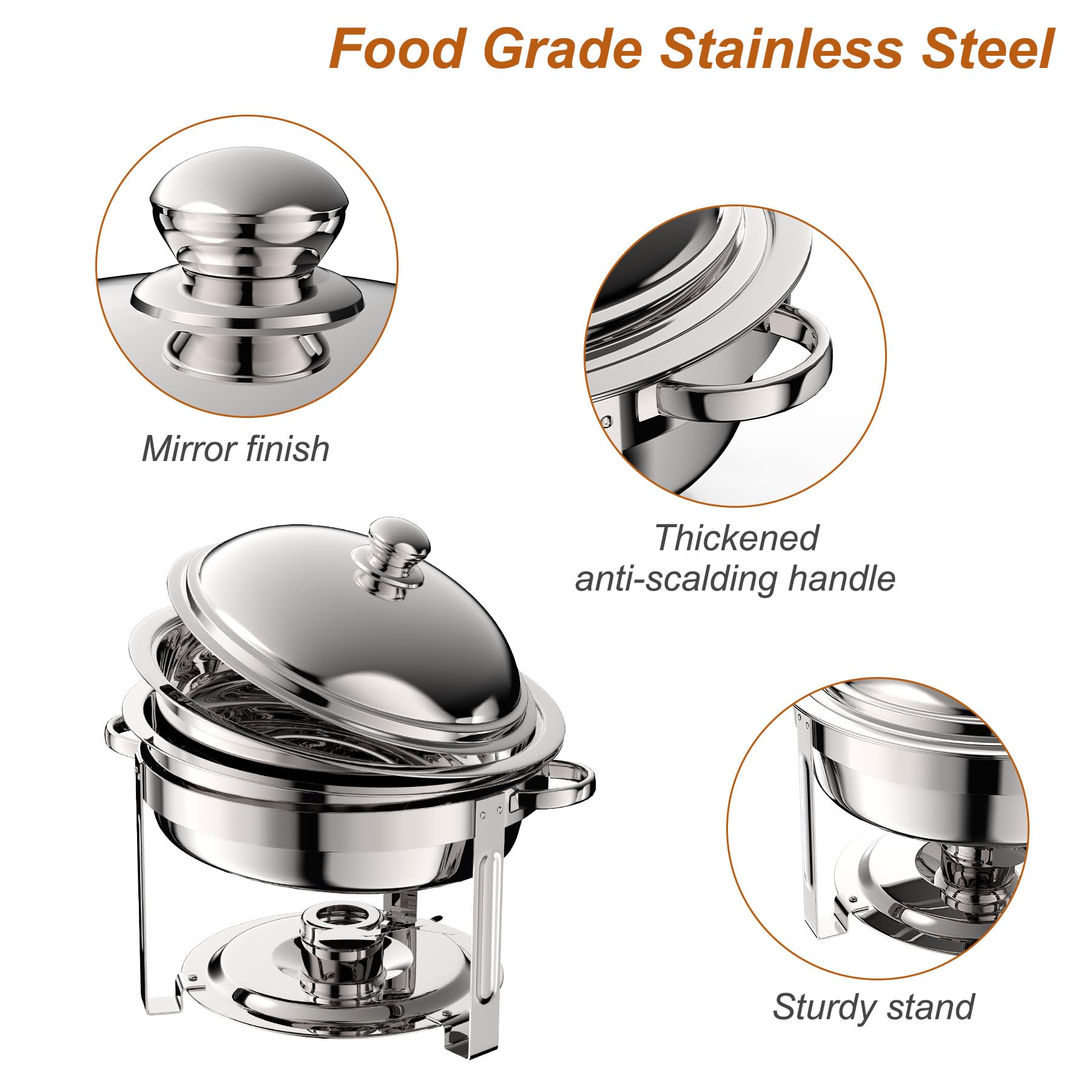 4 Pack Round Chafing Dish Buffet Set,Stainless Steel 8QT Round Buffet Servers and Warmers, Thick Stand Frame Catering Chafe with Mirror Covers,Food Warmer for Party, Weddings,Picnic