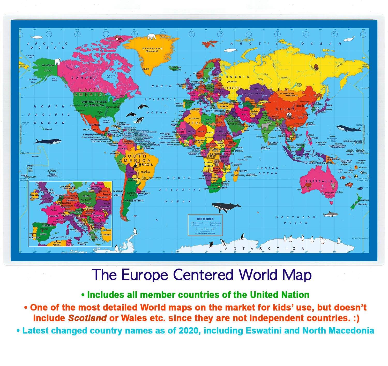 Natural Learning Children's Placemat (2 Placemats: USA/Europe Centered World Map; Alphabet/Colors and Numbers/Shapes 4-in-1)