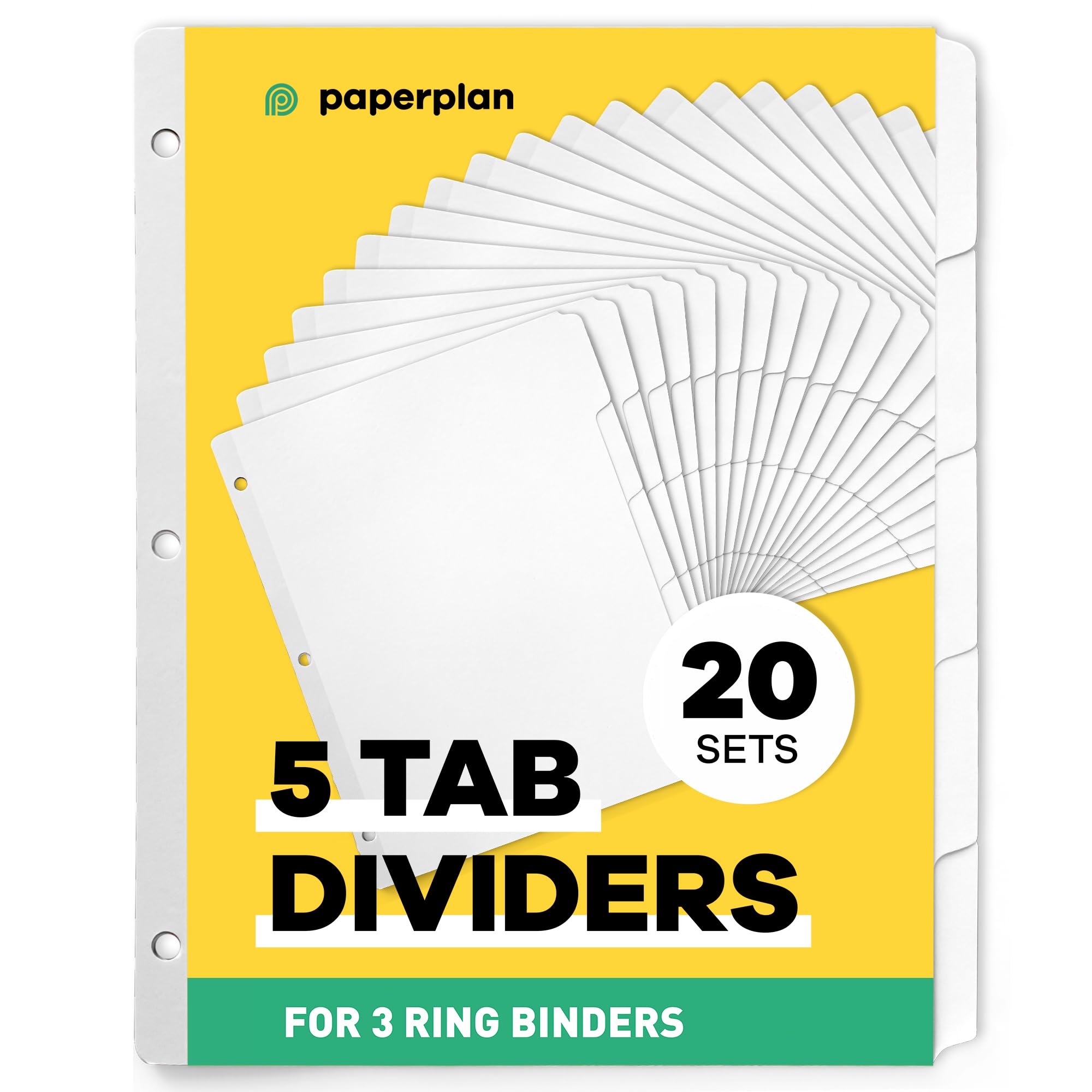 3 Ring Binder Dividers with Tabs - (20 Sets) x 5 Tab Dividers for 3 Ring Binders - White - Binder Dividers with Tabs - Dividers for 3 Ring Binder - Tab Dividers - Binder Tabs // Paper Plan