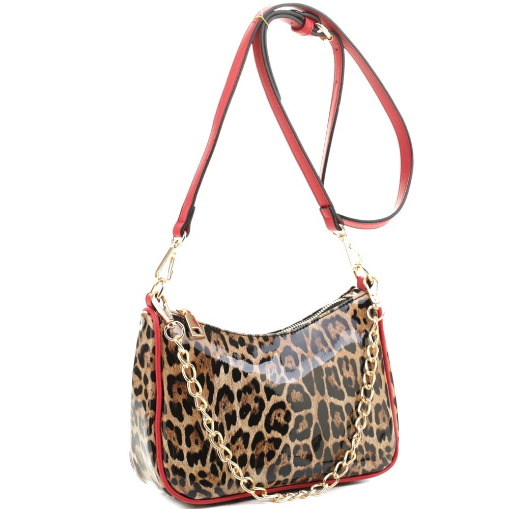 Patent Vegan Leather Womens Girls Leopard Print Retro Vintage Chain Shoulder Bag Crossbody Purse (Red)