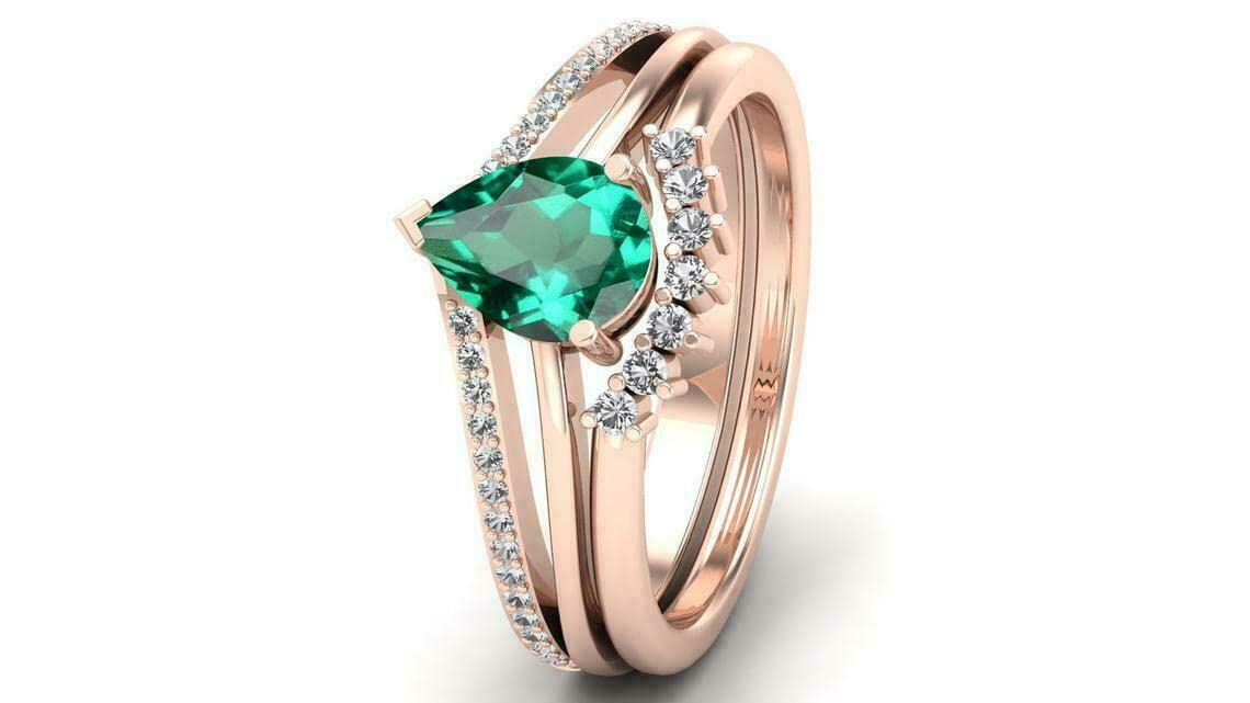 3.00 Ct Pear & Round Cut Green Emerald Diamond Engagement Wedding Women's Trio Ring Set 14k Rose Gold Finish (10.5)