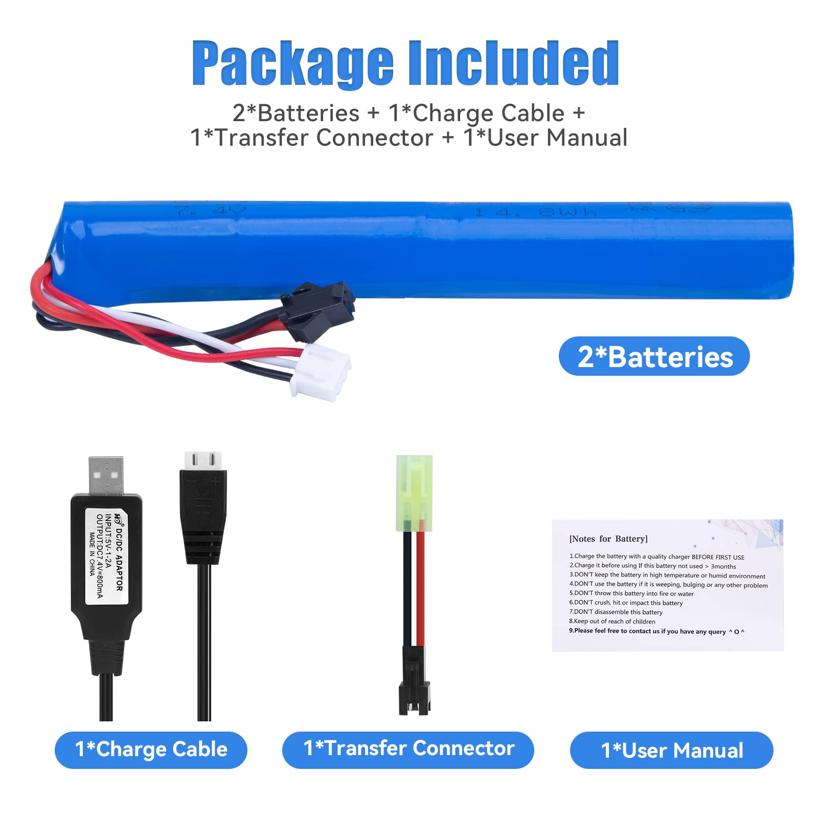 OooSure 2 pcs 7.4V Batteries 2000mAh for SRB1200 SRB400 SRB400-SUB MP5K M4 M110 for Hobby Remote App Controlled Vehicle Water Bead Blaster Airsoft Gun with 2S USB Charger and Mini Tamiya Switch Cable