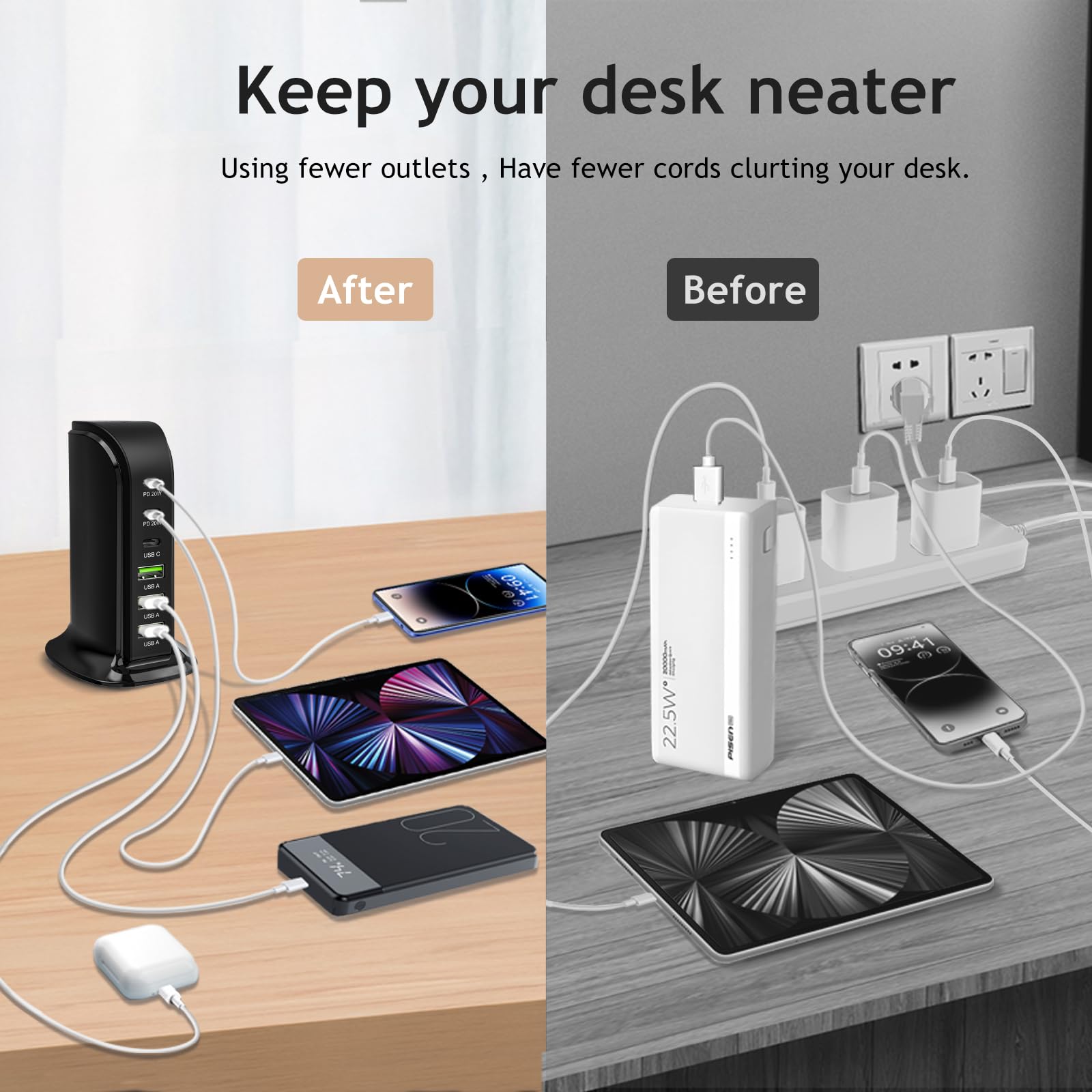 ๐ฎ๐ฌ๐ฎ๐ฏ ๐ก๐ฒ๐ USB C Charging Station with Dual PD20W RISWOJOR, 70W 6-Port USB C Fast Charger Block with Auto Detect, USB Multiport Charger Hub Tower for Smartphone Tablet and Multiple Devices, RIS70W01A