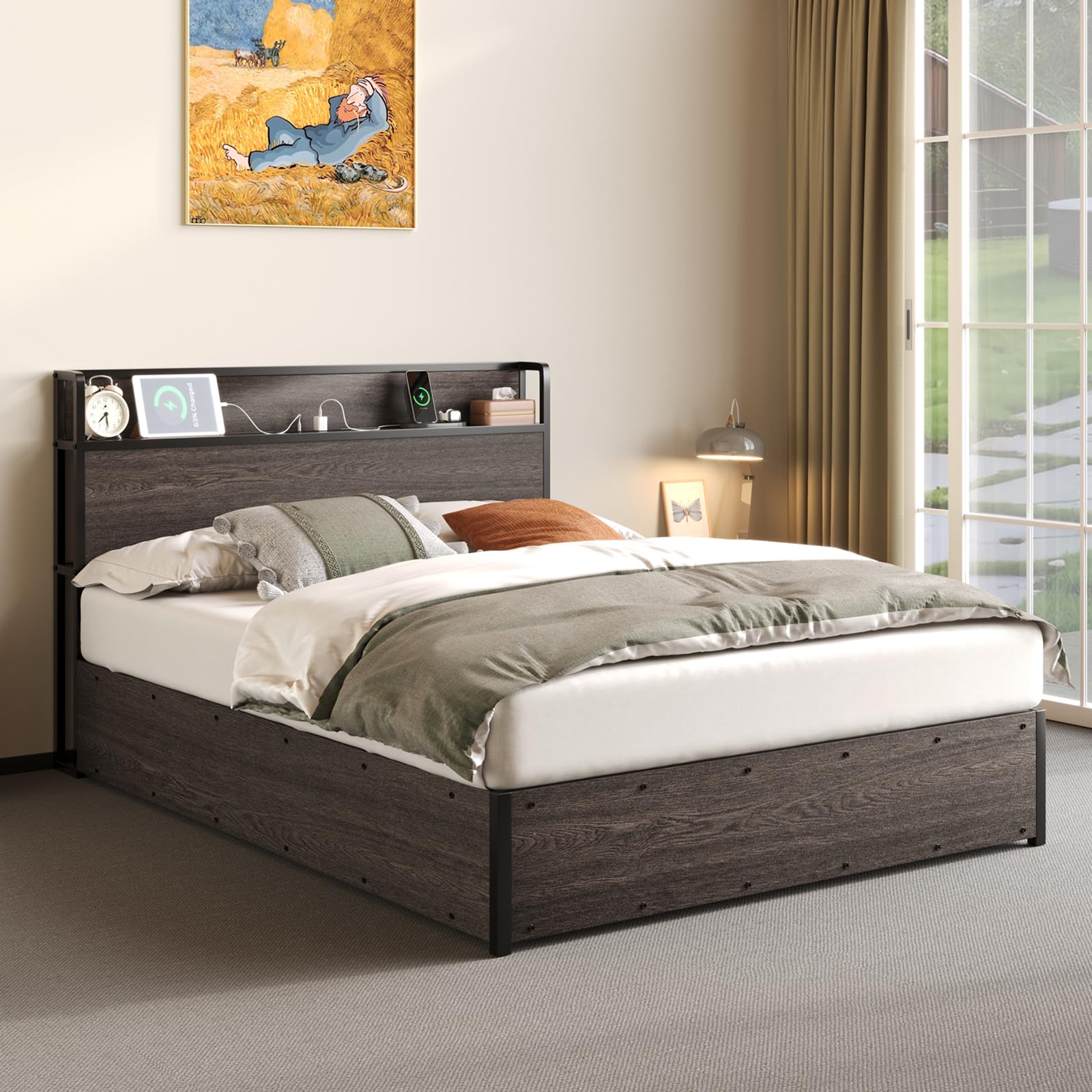 Albott Queen Size Lift up Storage Bed Frame, Wooden Platform Bed Frame with Storage Headboard & Charging Station, No Spring Box Needed/Noise Free, Black