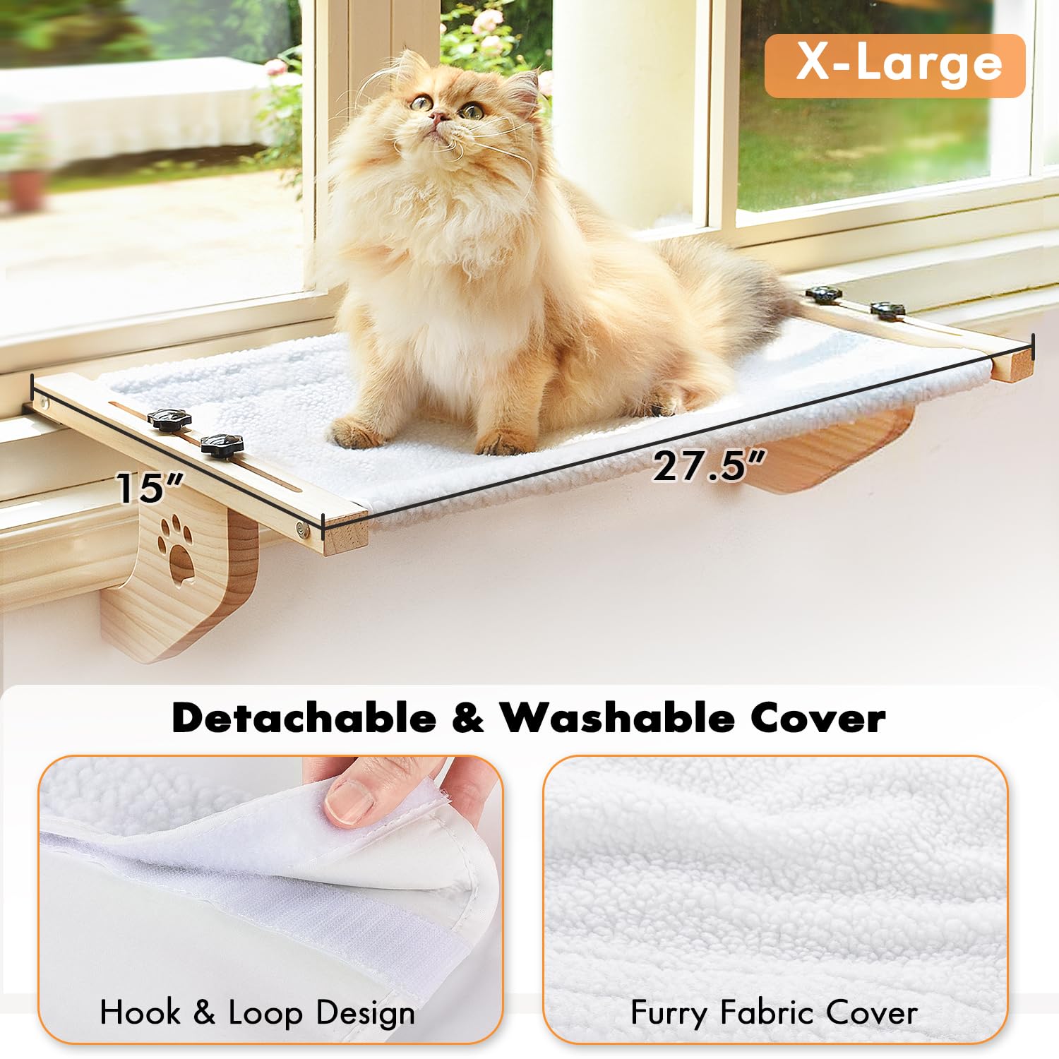 AMOSIJOY Cat Sill Window Perch Sturdy Cat Hammock Window Seat with Wood & Metal Frame for Large Cats, Easy to Adjust Cat Bed for Windowsill, Bedside, Drawer and Cabinet