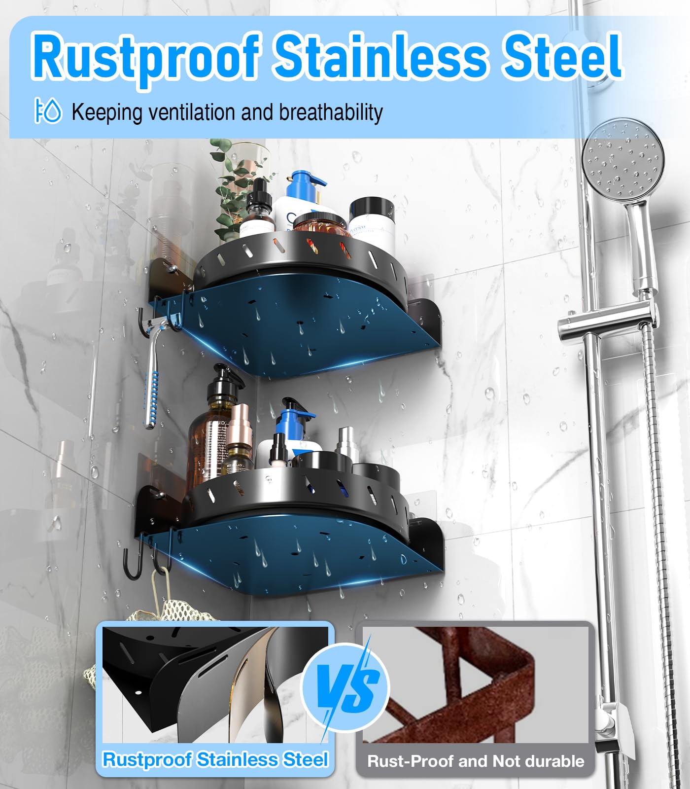 360°Rotating Corner Shower Caddy Shelf With 6 Hooks,2PACK Bathroom Lazy Susan Shower Organizer Corner with 5Pcs Adhesive,Stainless Steel Shower Racks for Inside Shower for Home Apartment Decor(Black)