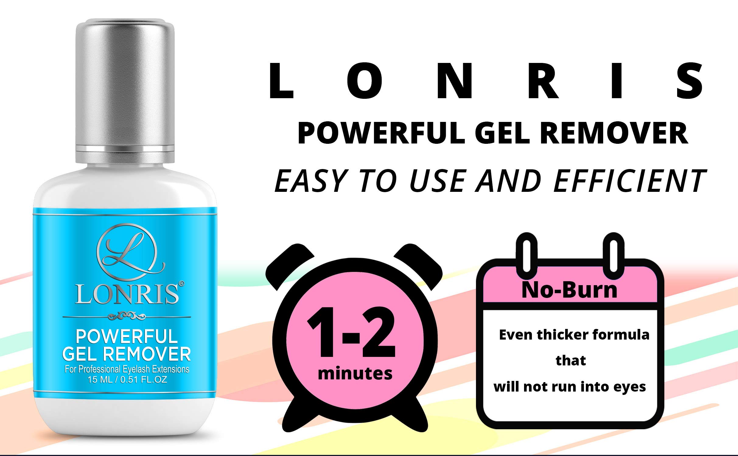 Fast GEL REMOVER for Eyelash Extension Glue LONRIS 15 ml No-Burn / 1-2 minutes - Lash Adhesive Dissolution time/Thick consistency/Blue Color Lash Supplies/no Odor Eyelash Supply