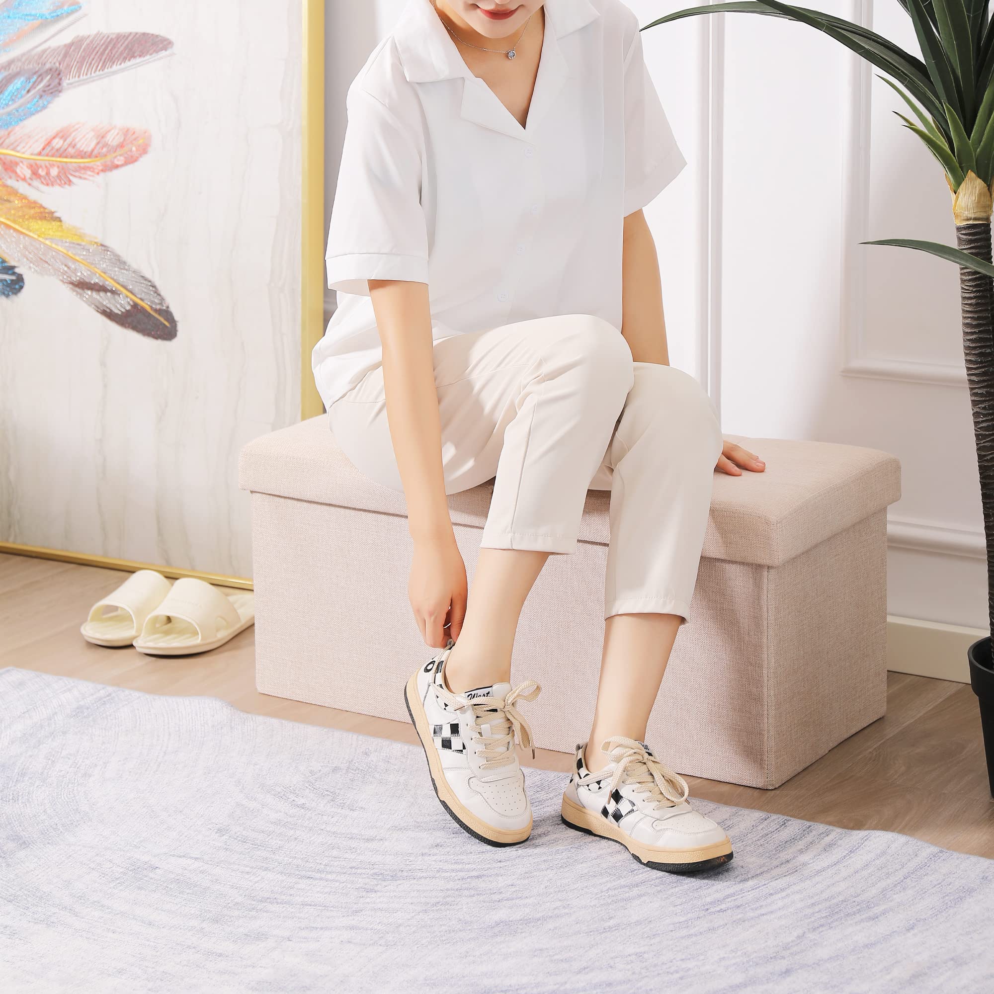 CUYOCA Storage Ottoman Bench Foldable Seat Footrest Shoe Bench End of Bed Storage, 80L Storage Space, 30 inches Linen Fabric Cream