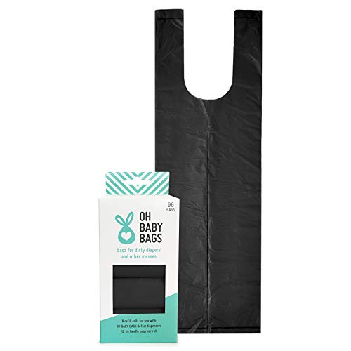 Oh Baby Bags Disposable Dirty Diaper Bags, 96 Count, 8 Refill Rolls with Tie Handles, Scented Options, (Black)