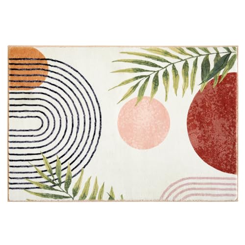 RoomTalks Boho Cute Bathroom Rugs Bath Mat Non Slip Washable, Modern Abstract Geometric Shape with Tropical Leaves 2x3 Small Area Rug for Bedroom Kitchen, Neutral Contemporary Retro Indoor Entry Rug