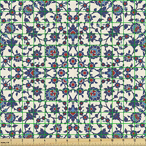 Ambesonne Orient Fabric by The Yard, Moroccan Floral Pattern Victorian Rococo Baroque Design, Decorative Fabric for Upholstery and Home Accents, 2 Yards, Cream Indigo