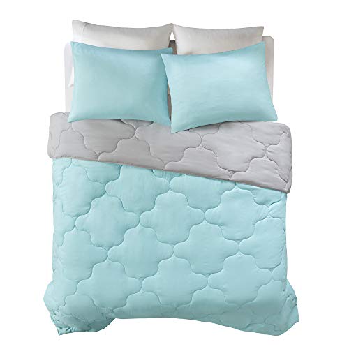 Comfort Spaces Vixie Reversible Comforter Set - Trendy Casual Geometric Quilted Cover, All Season Down Alternative Cozy Bedding, Matching Sham, Aqua/Gray, Twin/Twin XL 2 piece