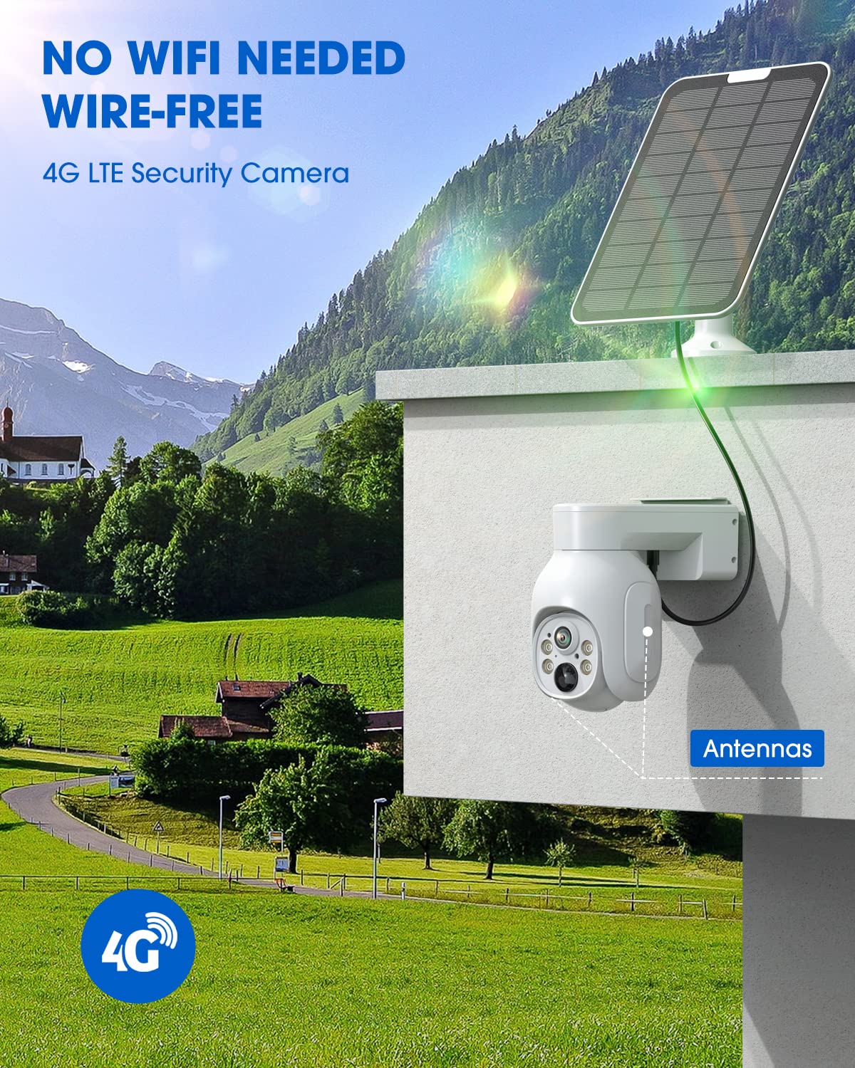 4G LTE No WiFi Cellular Security Camera Outdoor Wireless with Solar Panel & SIM Card & Free 30-Day Cloud, 2K Battery Powered Dome Cam PIR Detection, Color Night Vision, 2-Way Audio