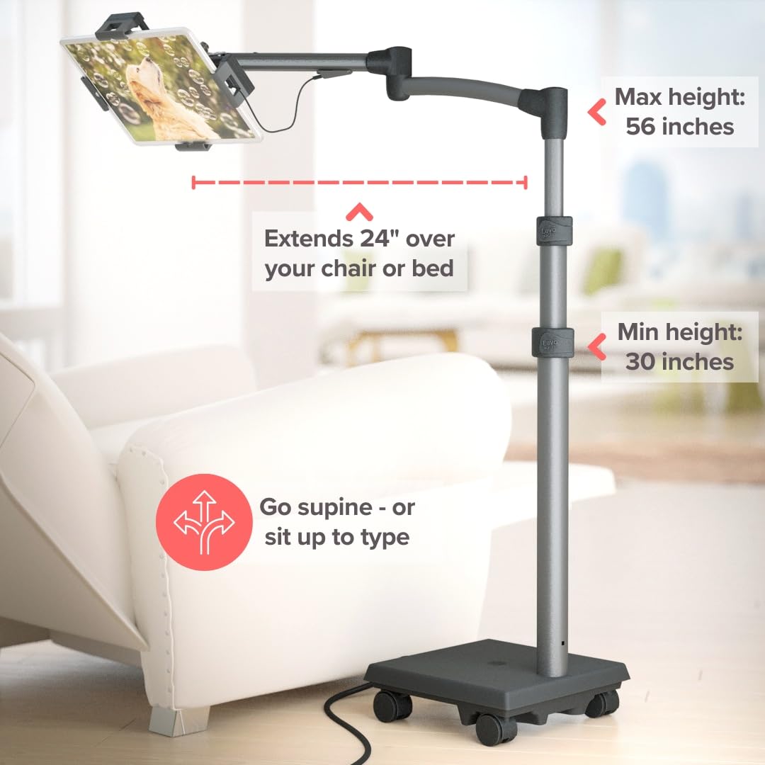LEVO G2 Commercial Sturdy Egonomic Tablet Rolling Cart Stand with 60 Watt USB-C Charging Port for Most iPad Pro, Surface Pro, Amazon, Samsung, Kindle Touchscreens and More.