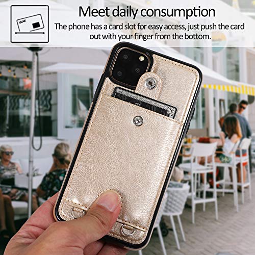 Jaorty PU Leather Wallet Case for iPhone 11 Pro Max Necklace Lanyard Case Cover with Card Holder Adjustable Detachable Anti-Lost Neck Strap for Apple iPhone 11 Pro Max 6.5",Gold