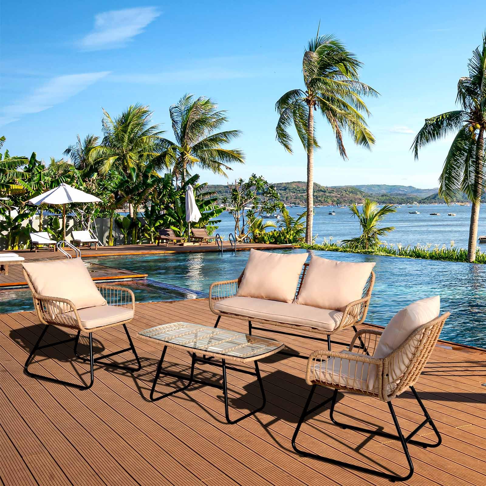 FKSLIFE Outdoor Wicker Patio Conversation Set, All-Weather Rattan Conversation Chairs for Backyard, Balcony, Deck ,Porch ,with Soft Cushions (Beige+Beige, 4-Piece Set)