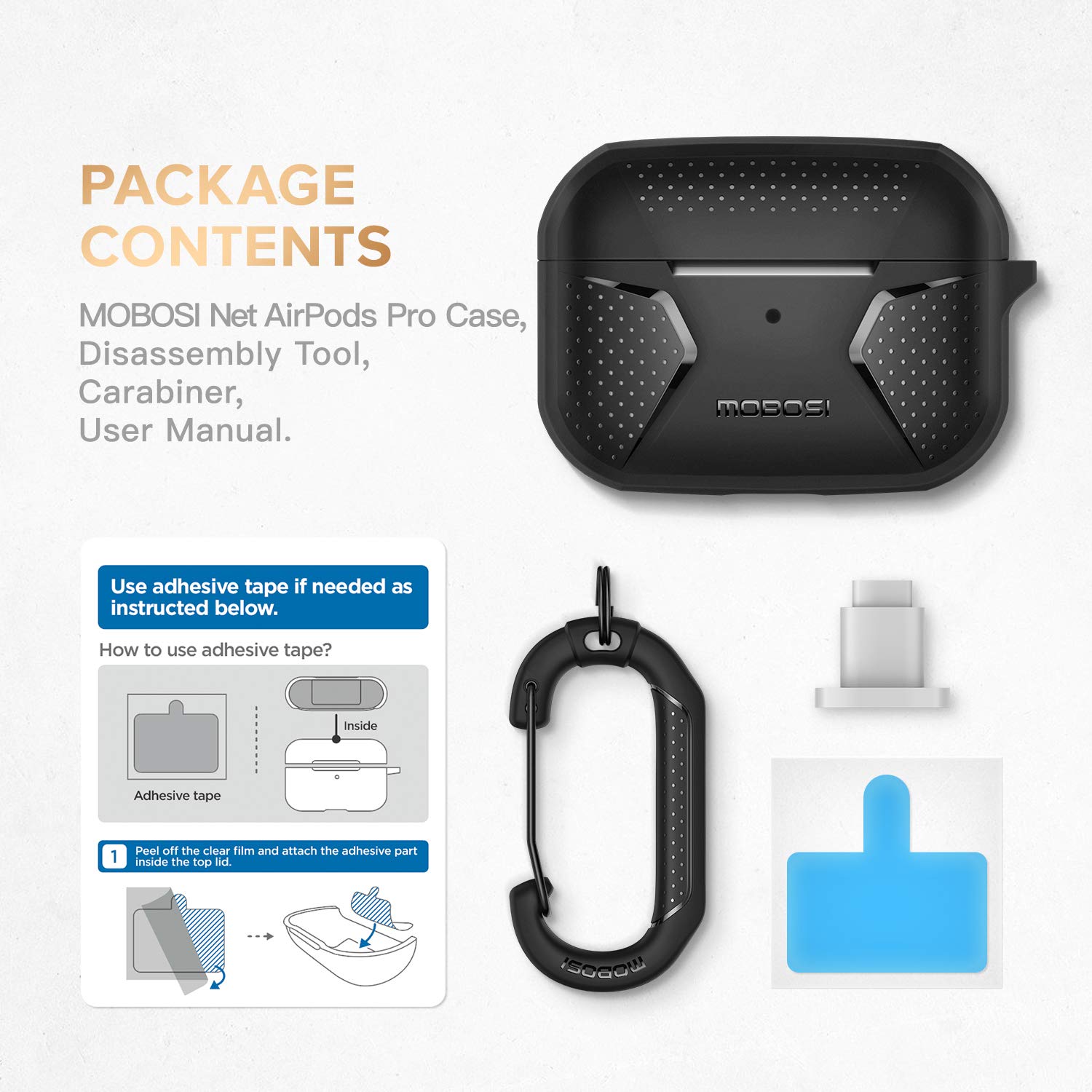 MOBOSI Net Series Silicone Airpods Pro Case Cover for AirPods Pro, Full-Body Rugged Shock Absorbing Protective Carabiner Compatible with Airpod Pro Wireless Charging, Black [Front LED Visible]