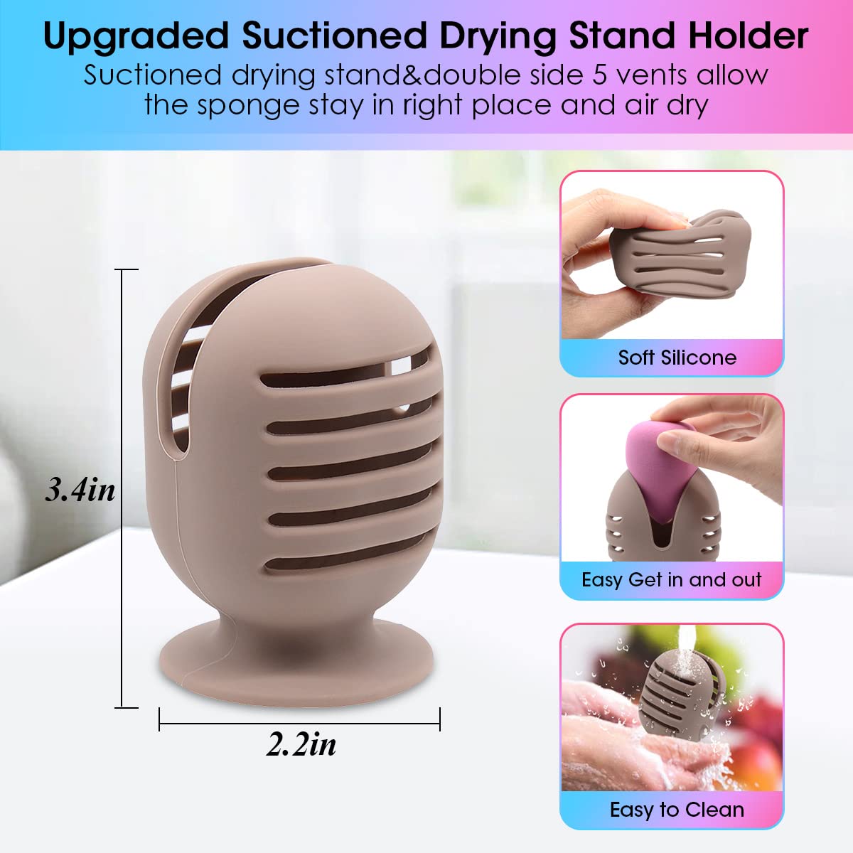 2Pack Makeup Sponge Holder,Silicone Beauty Blender Holder Case for Travel,Suctioned Drying Stand Makeup Sponges Protective Carrying Case Holders Organizer for Makeup Portable Soft-Pink,Khaki