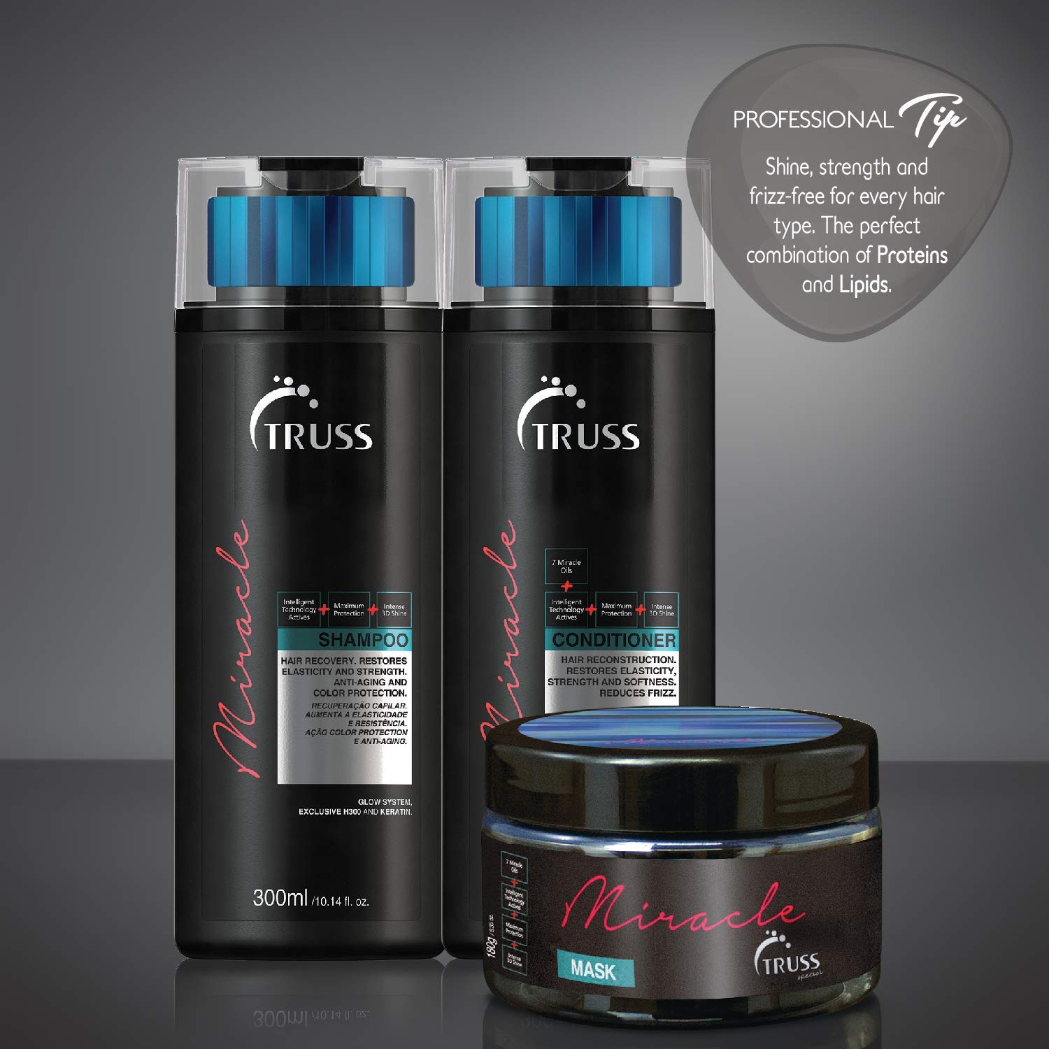 TRUSS Instant Repair Leave-in Hair Protector Bundle with Miracle Shampoo and Conditioner Set