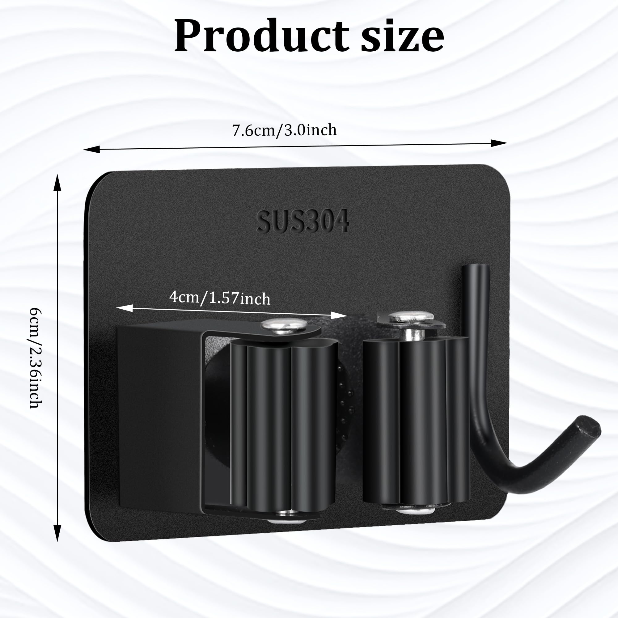 4Pcs Broom and Mop Holder, Stainless Steel Broom Storage Holder, Self Adhesive Anti-Slip Command Broom Holder Wall Mount, Mop Gripper with Hook for Kitchen Bathroom Closet Garden Garage Black