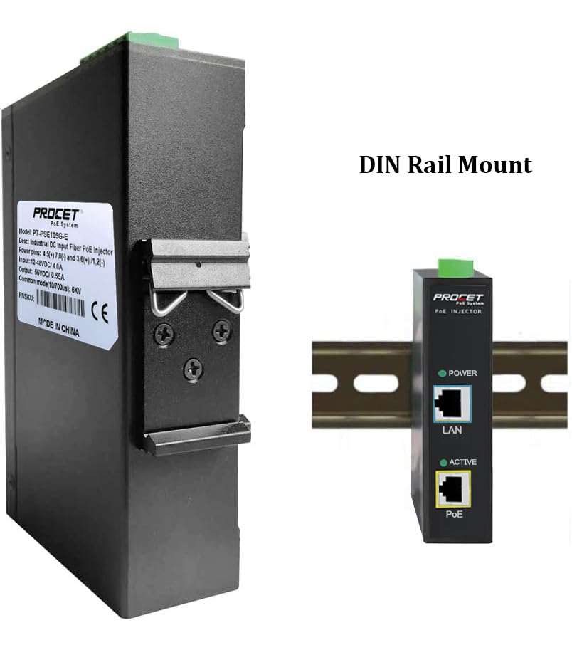 PROCET DIN Rail PoE Injector 30W Industrial IEEE802.3at/ PoE+ Power Injector, 6KV Surge Protection, Wide Working Temperature -40℉ to 149℉, PT-PSE105G-E