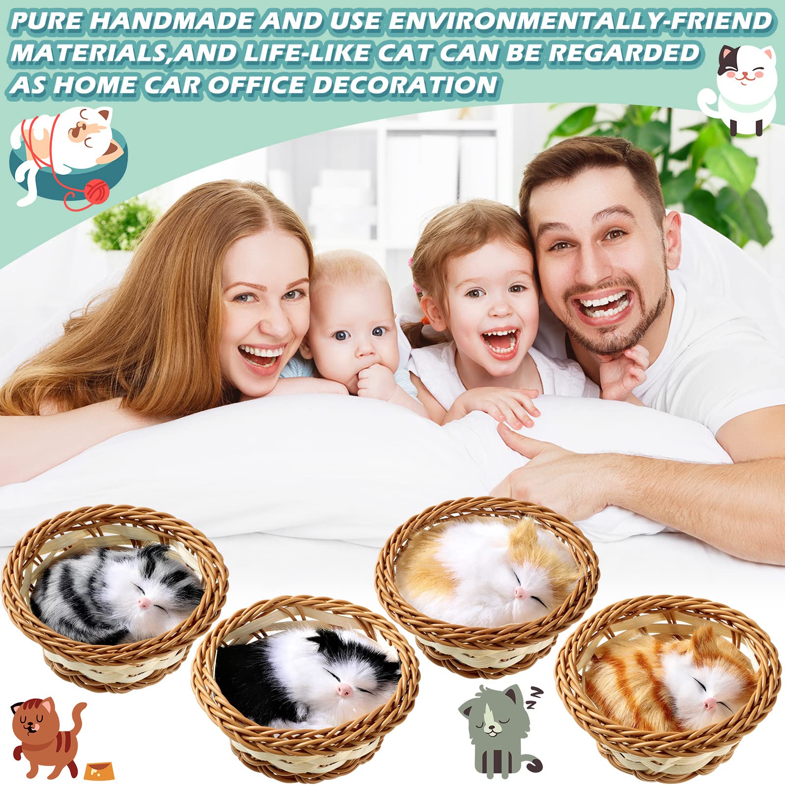 Civaner 4 Pcs Sleeping Cat in Basket Doll Toy Lovely Mini Kitten in Woven Realistic Fake Fluffy Hand Gift Plush Stuffed Decor with Meows Sounds for Office Desk Boys Girls