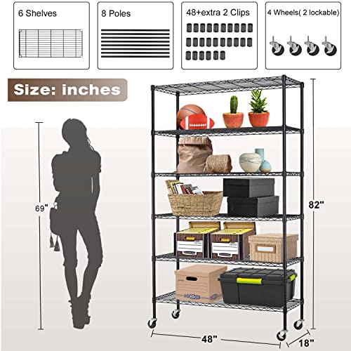 6-Tier Storage Shelf, Wire Shelving Unit NSF Certified Storage Rack 48" W x 18" D x 82" H 2100Lbs Capacity Adjustable Layer Heavy Duty Metal Rack Steel with Casters for Kitchen Garage Pantry Black