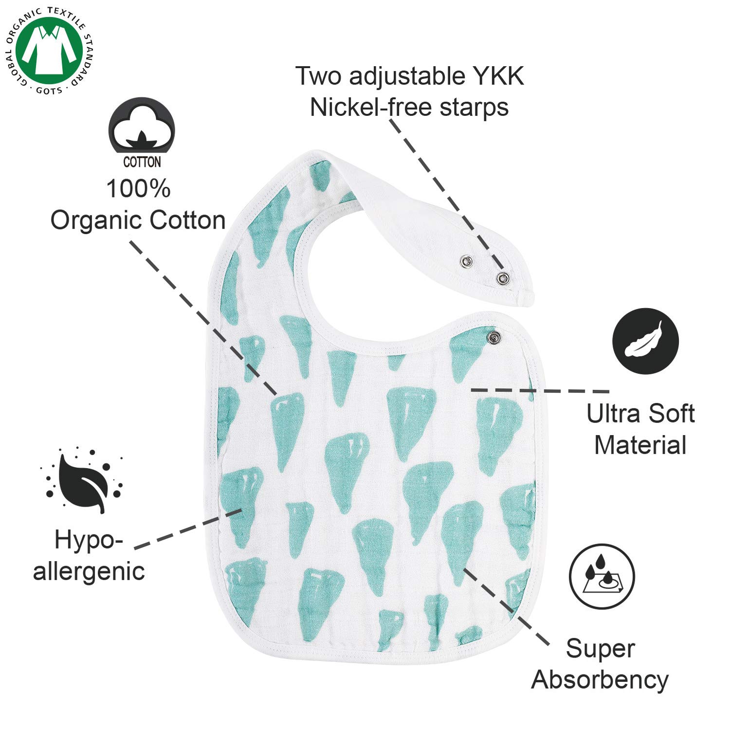 Snap Muslin Bibs for Boys & Girls, 3-Pack Baby Bibs for Infants, Newborns and Toddlers, 100% Cotton Muslin Absorbent & Soft Layers, Adjustable Snaps, Machine Washable, “Simple Joy”