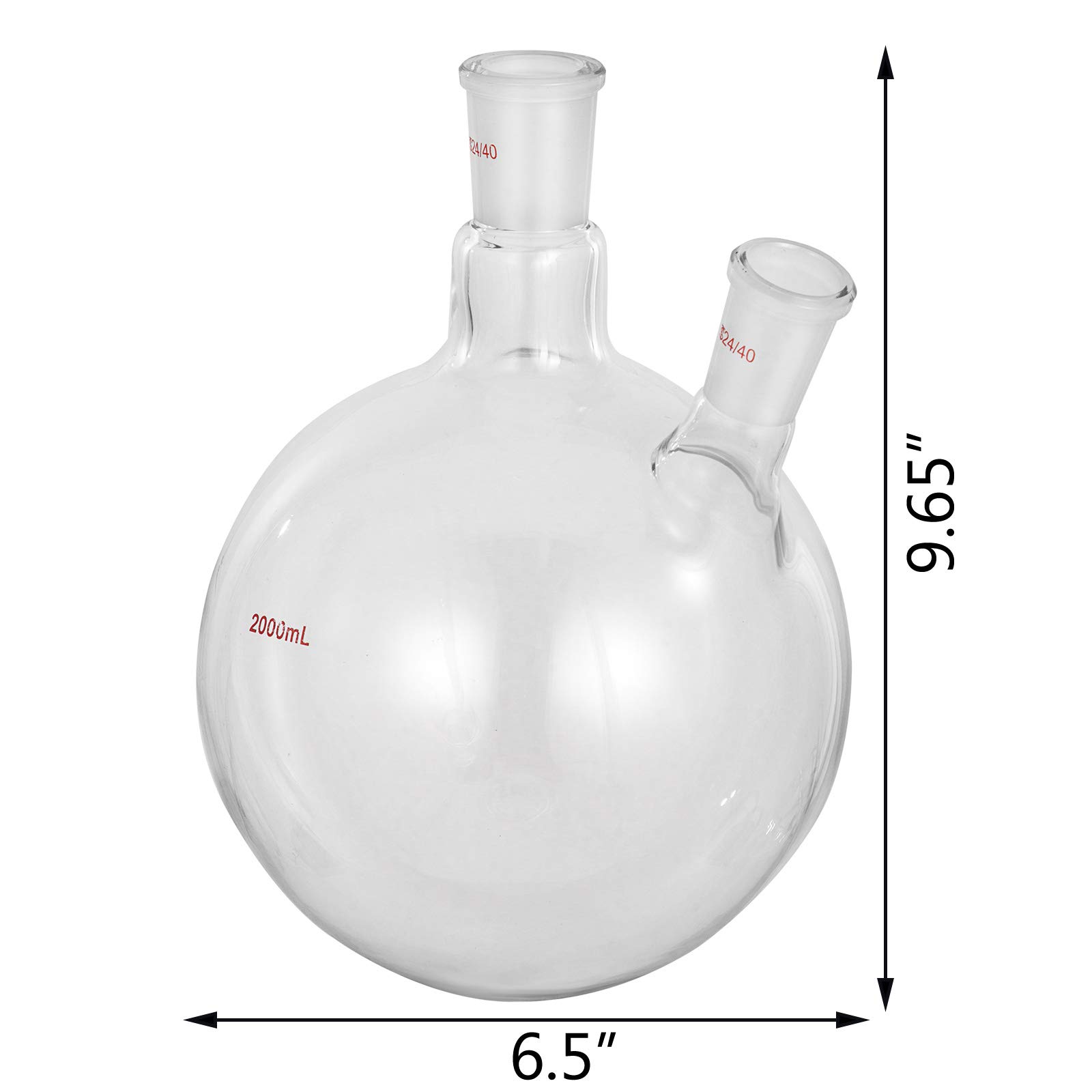 VEVOR Round Bottom Flask 2000 ml Receiving Flask Borosilicate Glass Reaction Flask 2 Neck Boiling Flask with 24/40 Standard Taper Ground Joint, Flask Round Bottom for Vacuum Distillation Apparatus