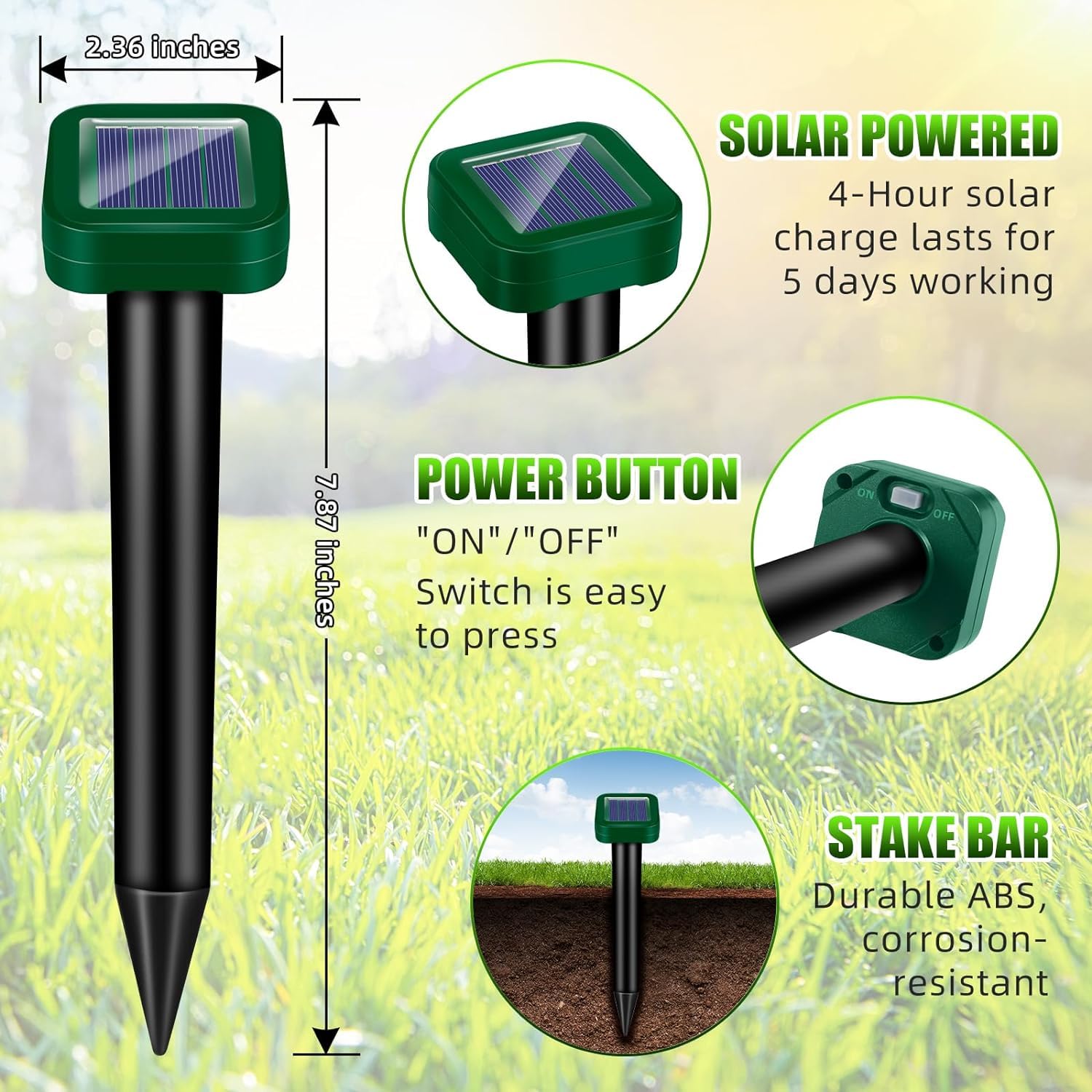 8 Pack Solar Mole Repellent Spikes 2024 Ultrasonic Animal Repellent Outdoor Solar Powered Sonic Burrowing Mole Deterrent Stake to Repel Mole Groundhog Vole Snake Gopher Armadillo for Yard Lawn