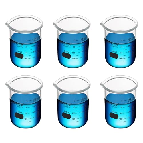 Maccx 8.5oz(250ml) Sturdy Glass Beaker, Heavy-Duty Lab Beaker Set, 3.3 Borosilicate Griffin Low Form with Printed Graduation, Pack of 6, BKL250-006