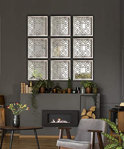 qmdecor Square Rustic Distressed White Framed Wall Decorative Mirror 12x12 inches Modern DIY Fashion MDF Wood Material Wall-Mounted Mirrors Set of 2 Pieces