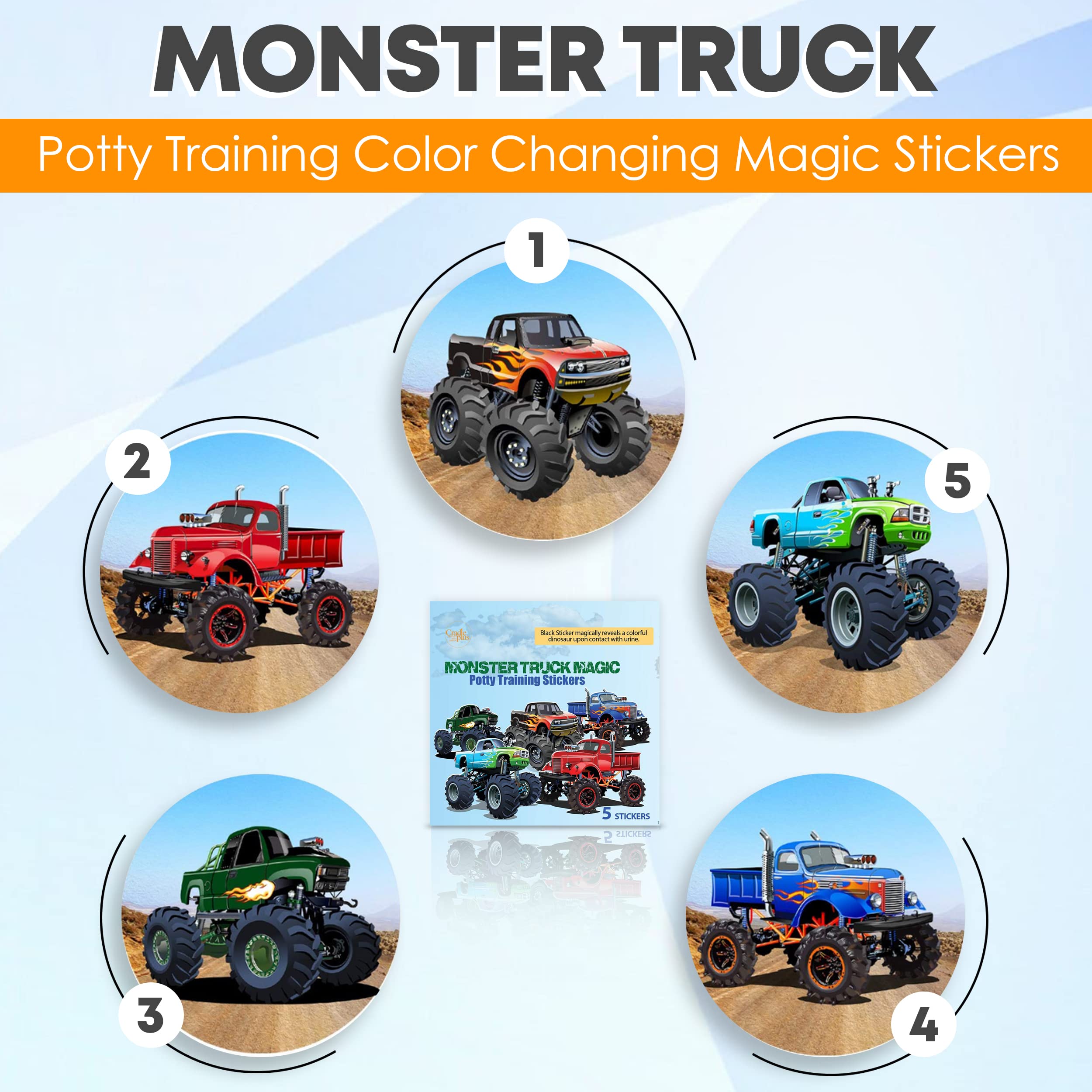 Potty Training Seat Magic Sticker |Monster Truck Toddler Potty Training Toilet Color Changing Sticker | 5Pack Toilet Targets with Free Potty ebook | Use with or Without Potty Chart or Potty Watch