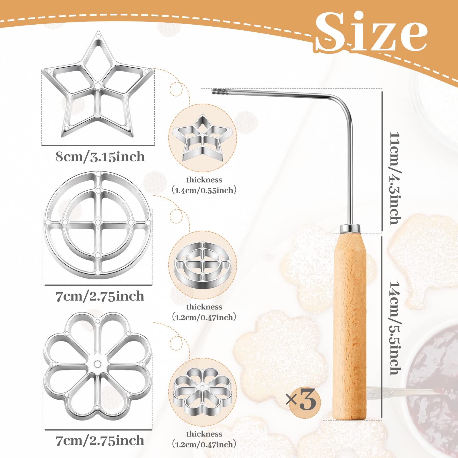 3 Sets Bunuelos Mold with Handle Achappam Mold Rosette with 3 Interchangeable Heads Rosette Cookie Bunuelos Tool Timbale Aluminum Waffle Molds Star Flower Circle for Kitchen Baking Cooking