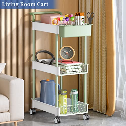 3 Tier Rolling cart, Utility Storage Cart with Hanging Basket, Easy Assemble Art Cart Craft Organizer for Office, Home, Kitchen, Classroom (White)