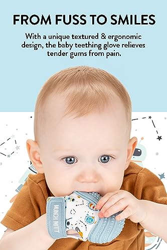 Malarkey Kids Patented Teething Mitten, Munch Mitt Baby Chew Toy - Protects Hands from Chewing & Saliva, Heals Aching Gums, Promotes Sound & Visual Stimulation for Babies - Outer Space
