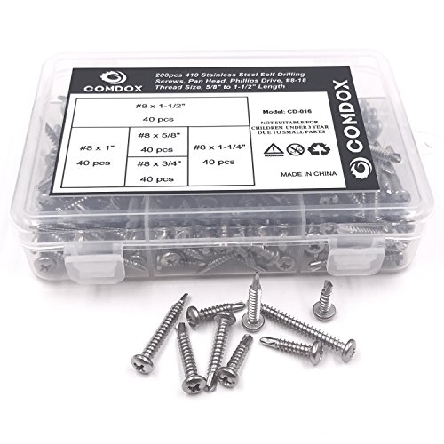 Comdox 410 Stainless Steel Self Drilling Screws Kit Set, Pan Head Phillips Sheet Metal Tek Screws Assortment Kit, Modified Truss Head, 8-18 Thread Size, 5/8" to 1-1/2" Length (Pack of 200)