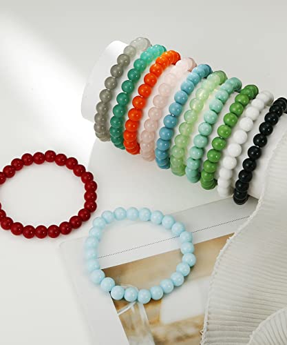 BOMAIL 12Pcs 8mm Beaded Stretch Bracelet Handmade Round Glass Bracelet for Women Multicolor Matte Beads Elastic Bracelet Gifts