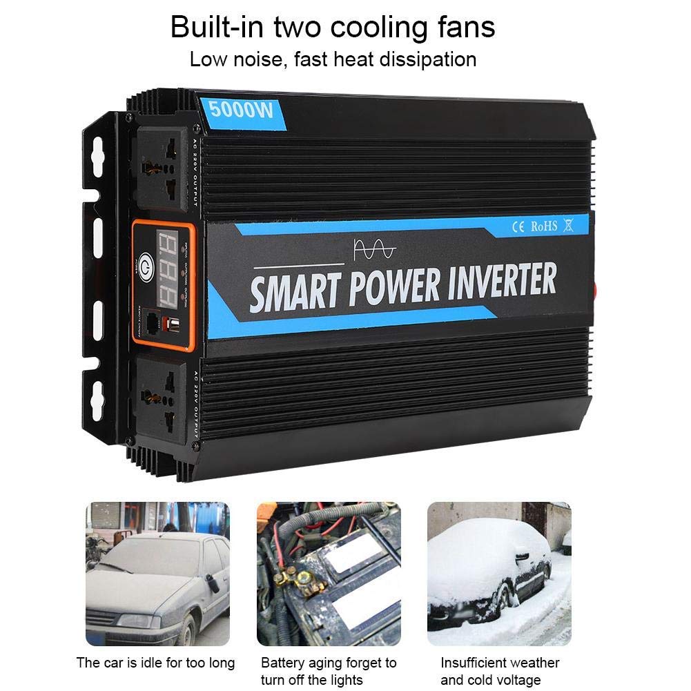 2000W Power Inverter, 5000 Watt Peak, Modified Sine Wave Power Inverter with USB AC Adapter and Remote Switch for Home Car RV Outdoor Emergency, Peak Power 5000W Rated Power 2000W, 12V to 220V