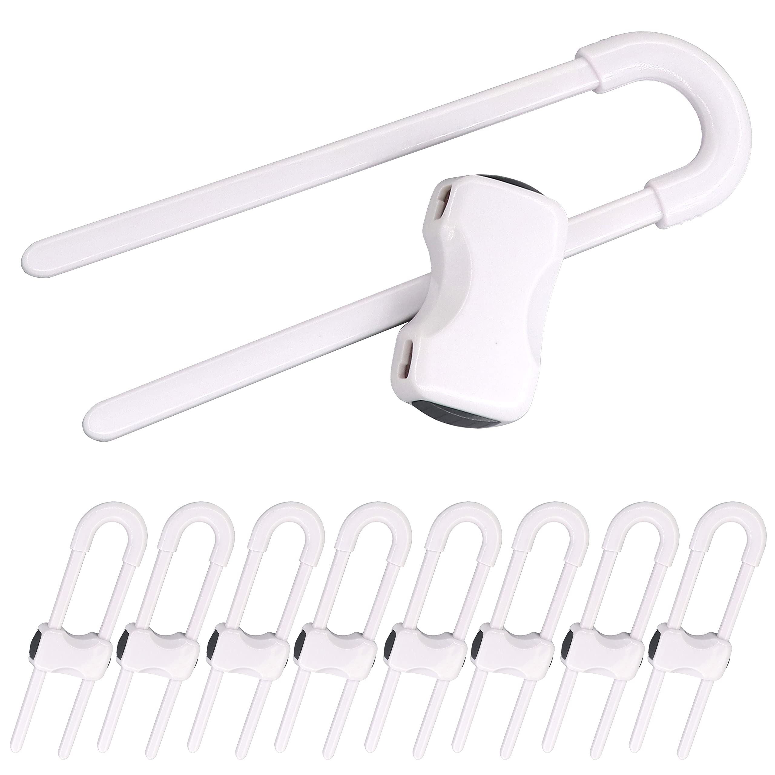 8 Packs Sliding Cabinet Locks, White Child Adjustable U-Shaped Safety Latches Easy to Use Baby Proof Latch for Handles Knobs Kitchen Storage Door Drawers Closet Cupboard,
